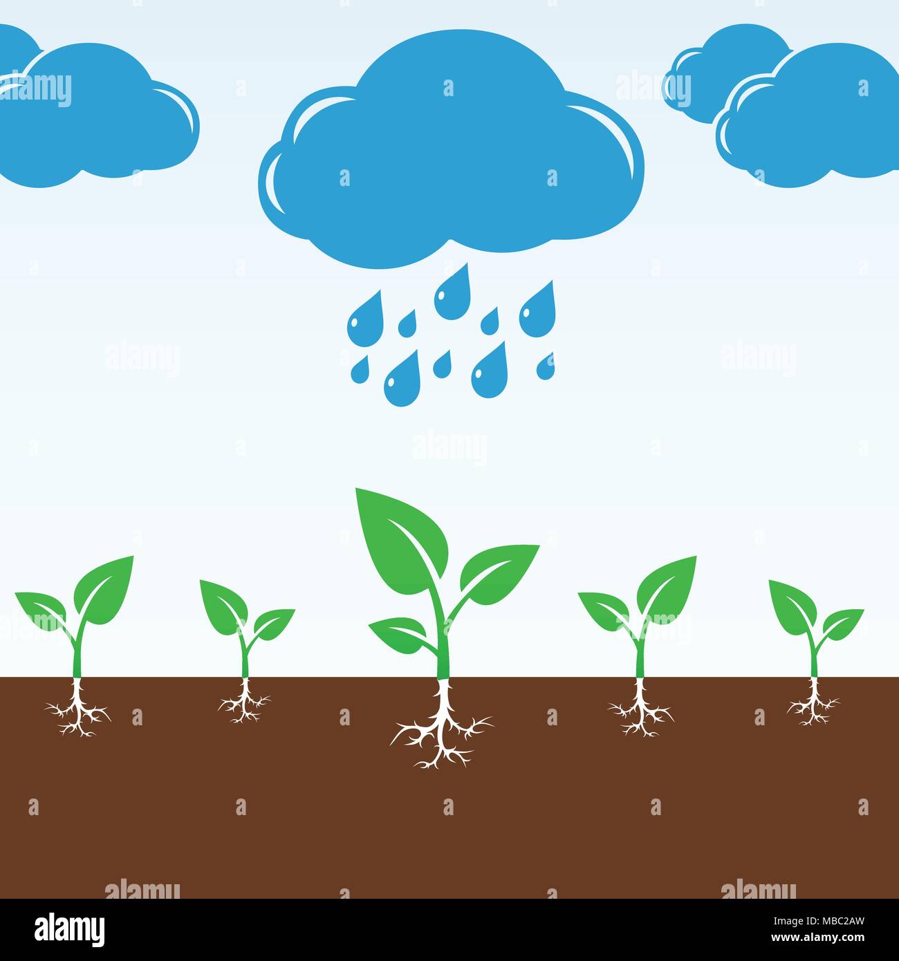 Cloud and rain drops falling on the green sprouts. Vector illustration ...