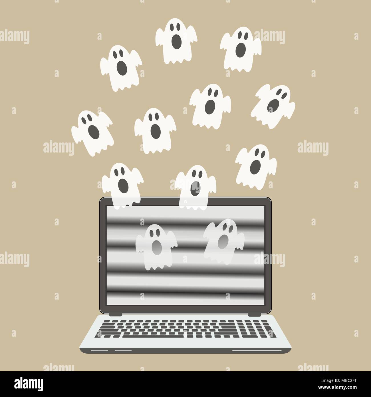 Ghosts fly out of the laptop screen. Flat design vector illustration ...
