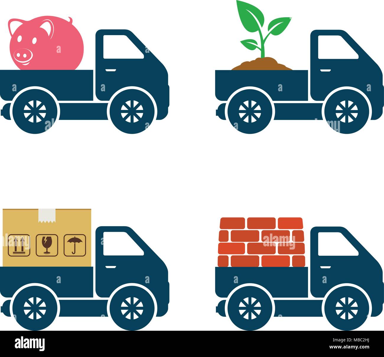 Commercial trucks icons. Delivery of various goods. Vector illustration ...