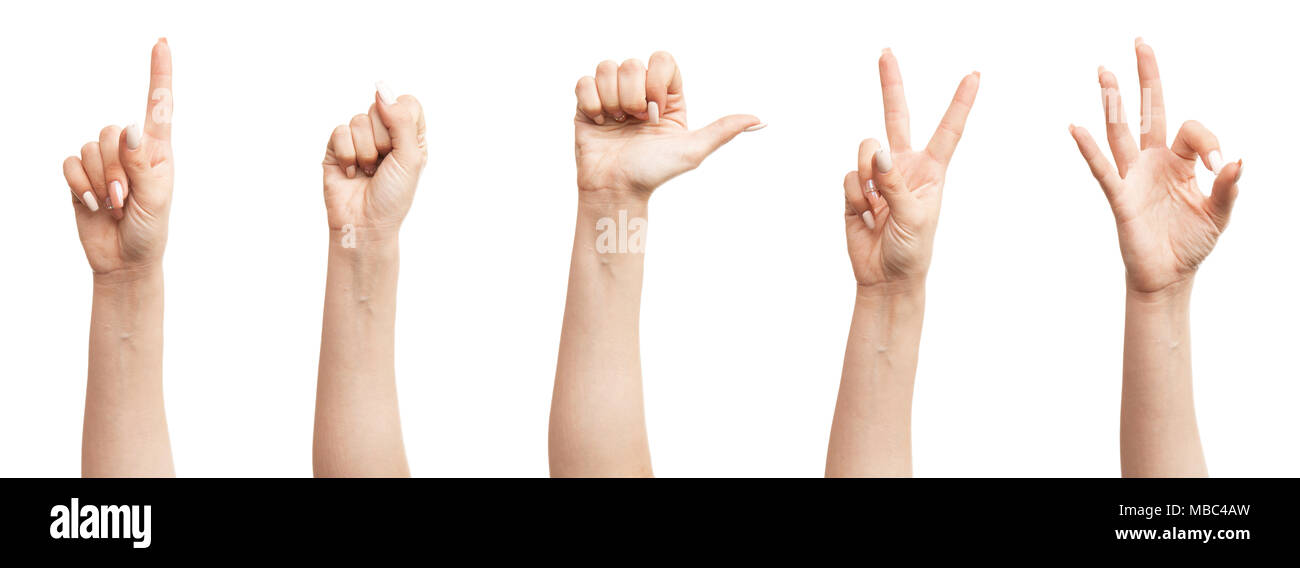 Woman pointing up two hands hi-res stock photography and images - Alamy