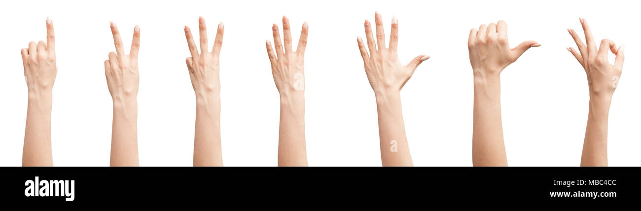 Woman pointing up two hands hi-res stock photography and images - Alamy