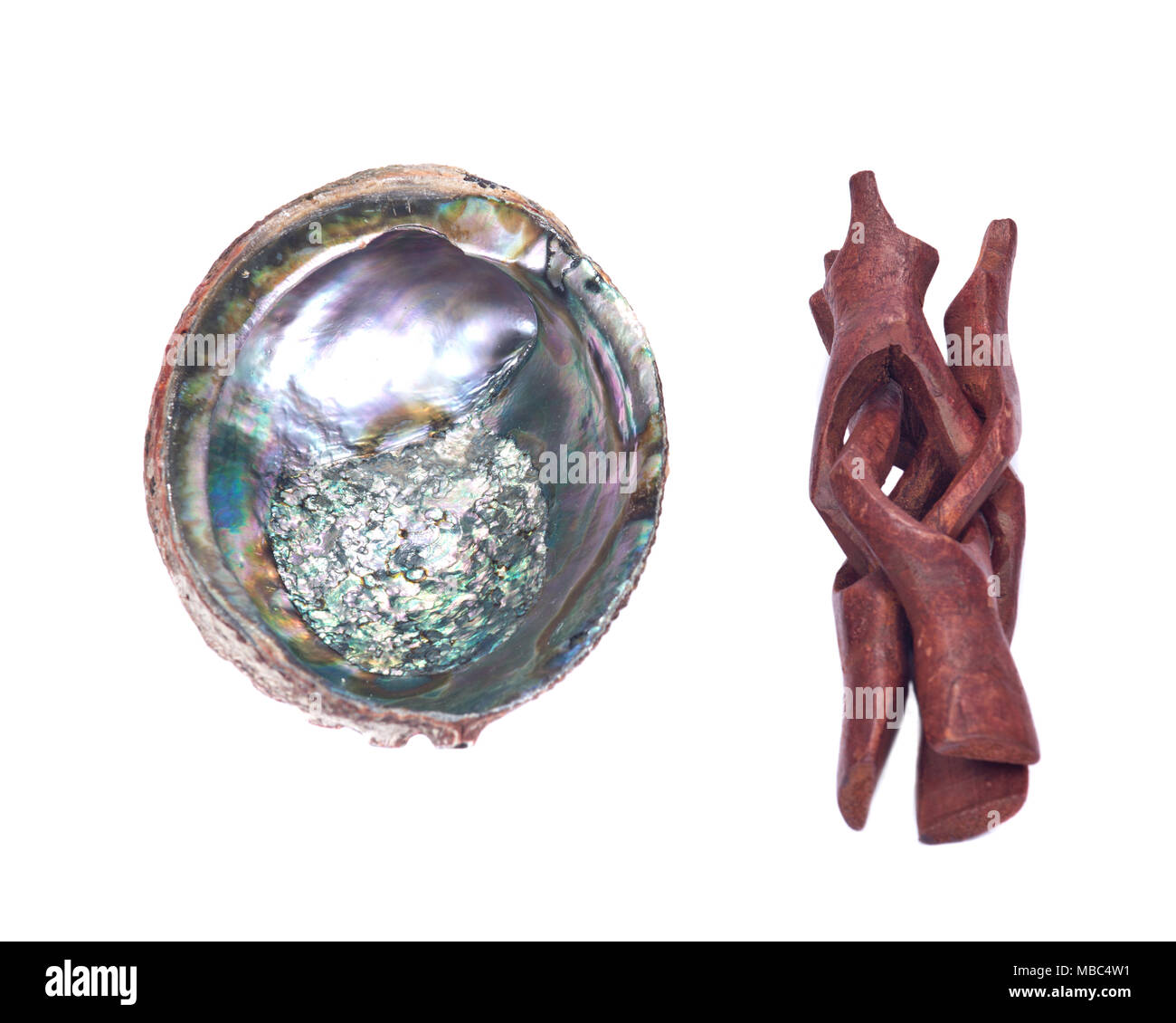 Bright polished rainbow abalone shell on wooden cobra stand isolated on white background Stock ...
