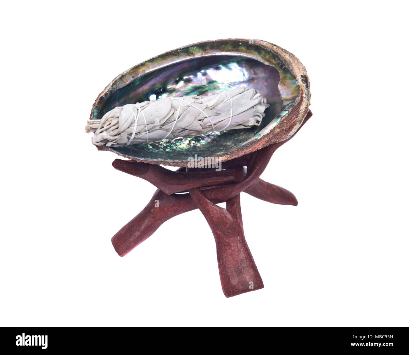 Sage smudge stick and bright polished rainbow abalone shell with wooden cobra stand isolated on ...
