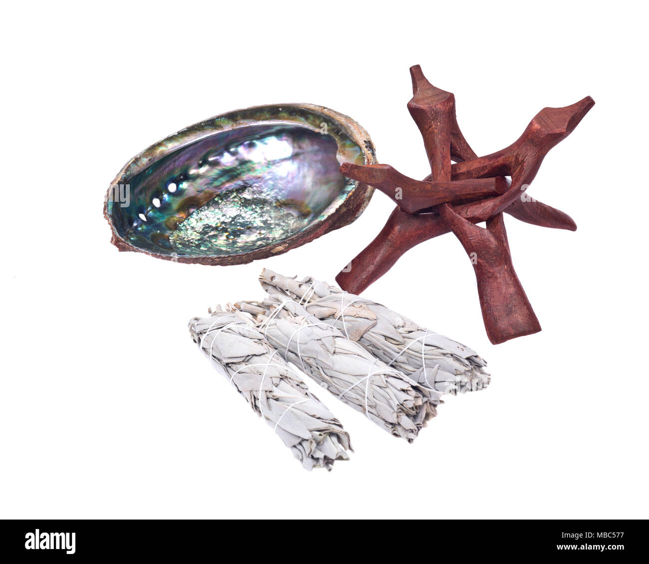 Sage smudge stick and bright polished rainbow abalone shell with wooden cobra stand isolated on ...