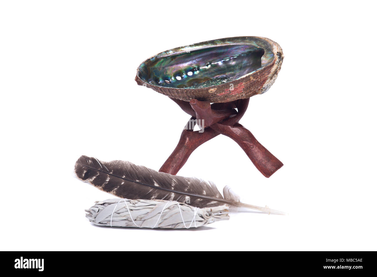 Sage smudge stick, bright polished rainbow abalone shell and grade A barred turkey smudging ...