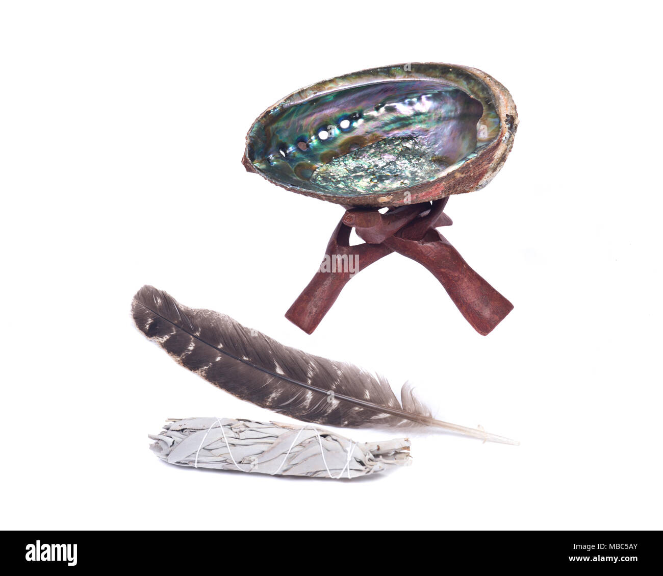 Sage smudge stick, bright polished rainbow abalone shell and grade A barred turkey smudging ...
