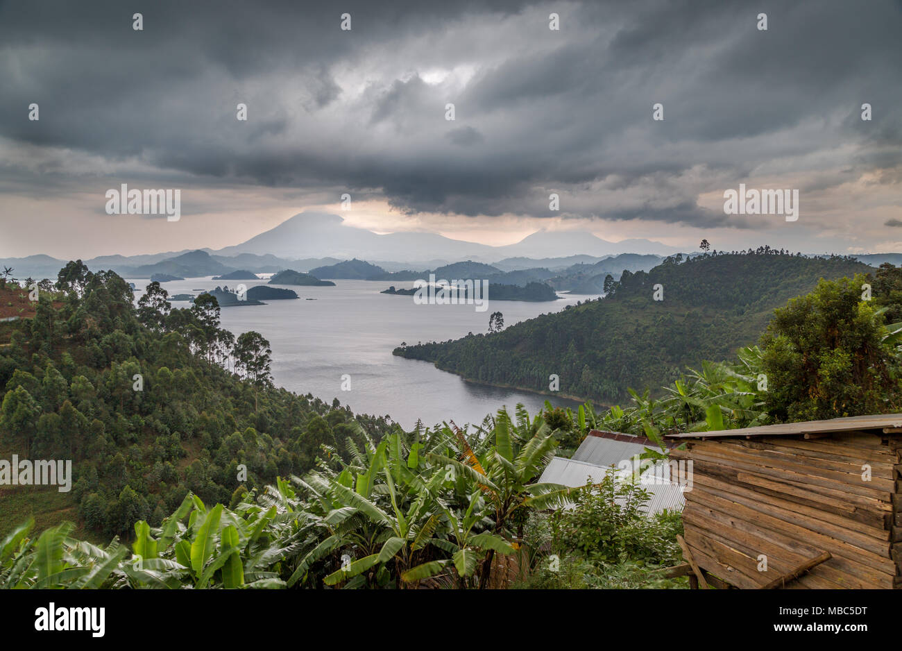 Lake Mutanda, east bank, behind Virunga Mountains, Uganda Stock Photo ...