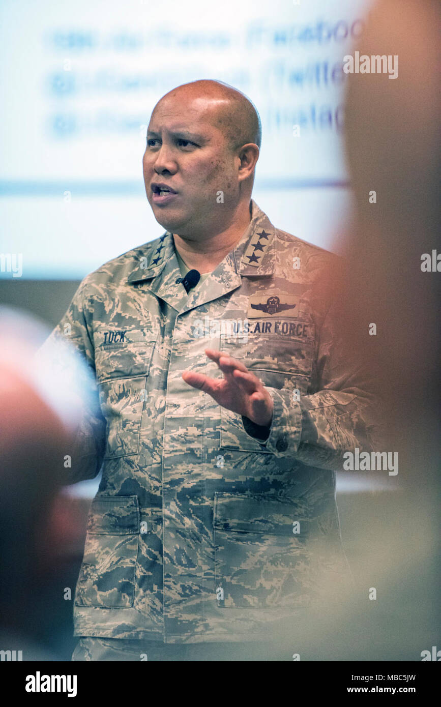 U.S. Air Force Lt. Gen. GI Tuck, 18th Air Force commander, speaks at an ...