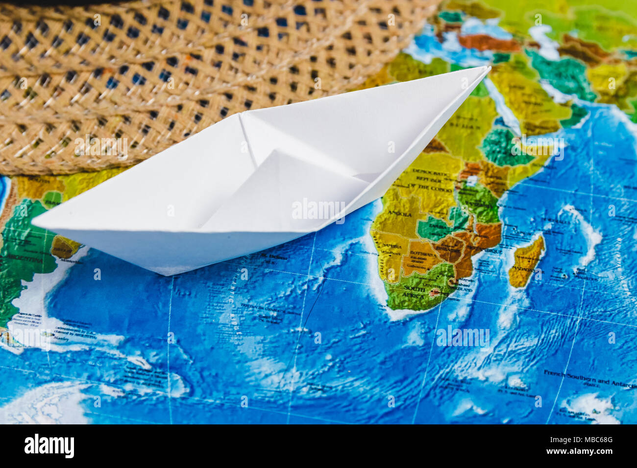Adventure. Papercraft Boat, Hat on map. Top View Travel Concept Stock ...
