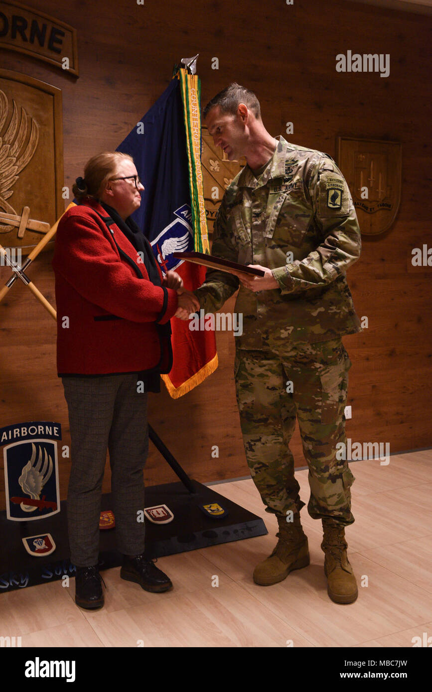 Ms. Francesca Cisotto, is recognized by Col. Jay Bartholomees, the 173rd Airborne Brigade ...