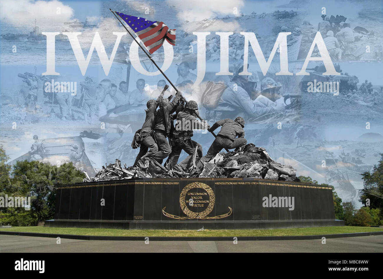 Photo illustration depicting the battle of Iwo Jima, a volcanic island ...