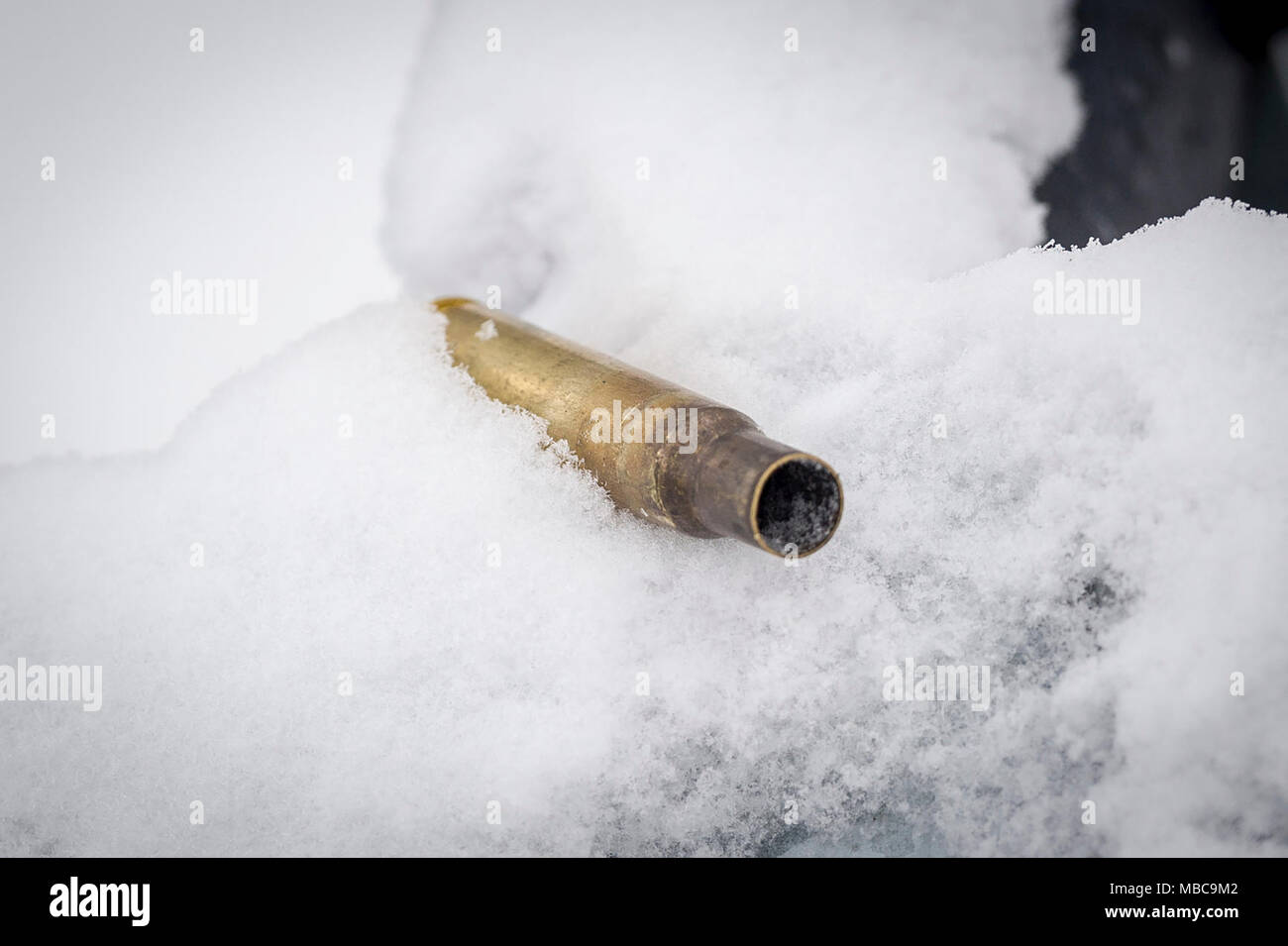 An expended .50 caliber machine gun casing is seen embeded in the snow ...