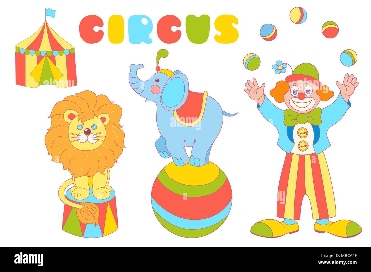 Circus characters vector set. Clown juggler, elephant on the ball, lion ...