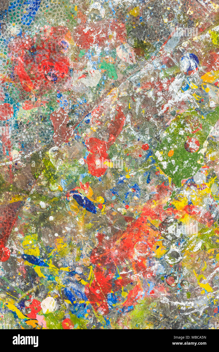 Colorful of Splash acrylic color on wood table. Abstract, Texture ...