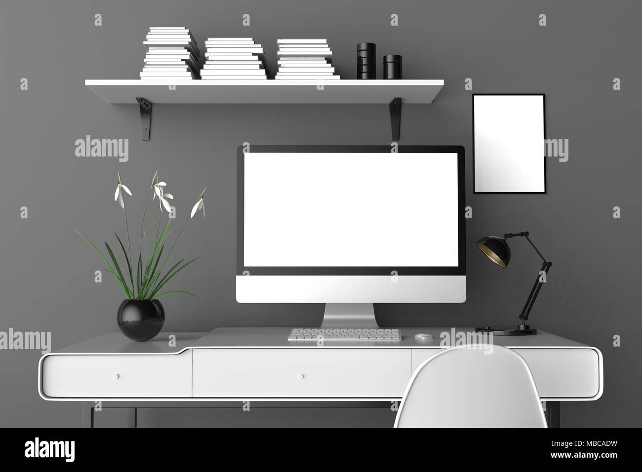 Modern workspace, isolated computer screen and frame mock up. 3D ...