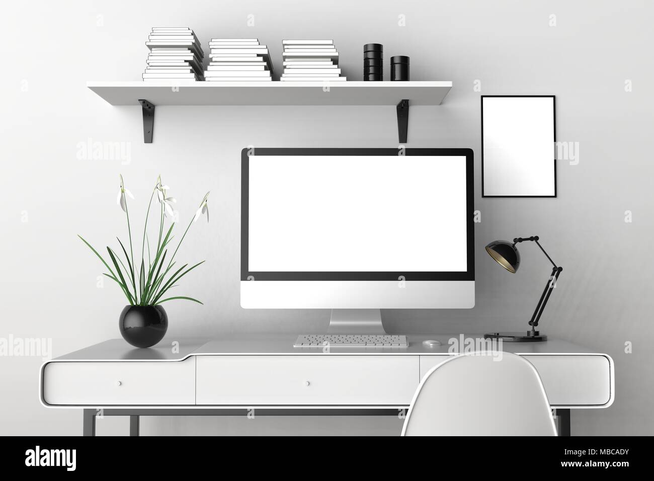 Modern workspace, isolated computer screen and frame mock up. 3D ...