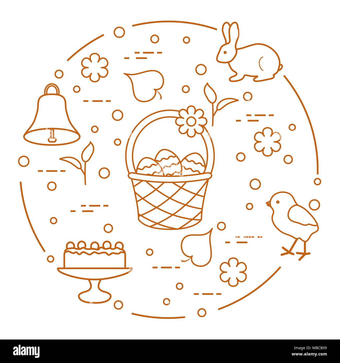 Easter symbols. Simnel cake, basket, eggs, bell, rabbit, chick, flowers ...