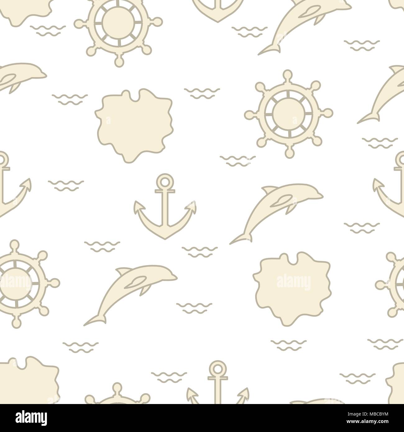Seamless pattern with dolphins, anchors, steering wheels, waves ...