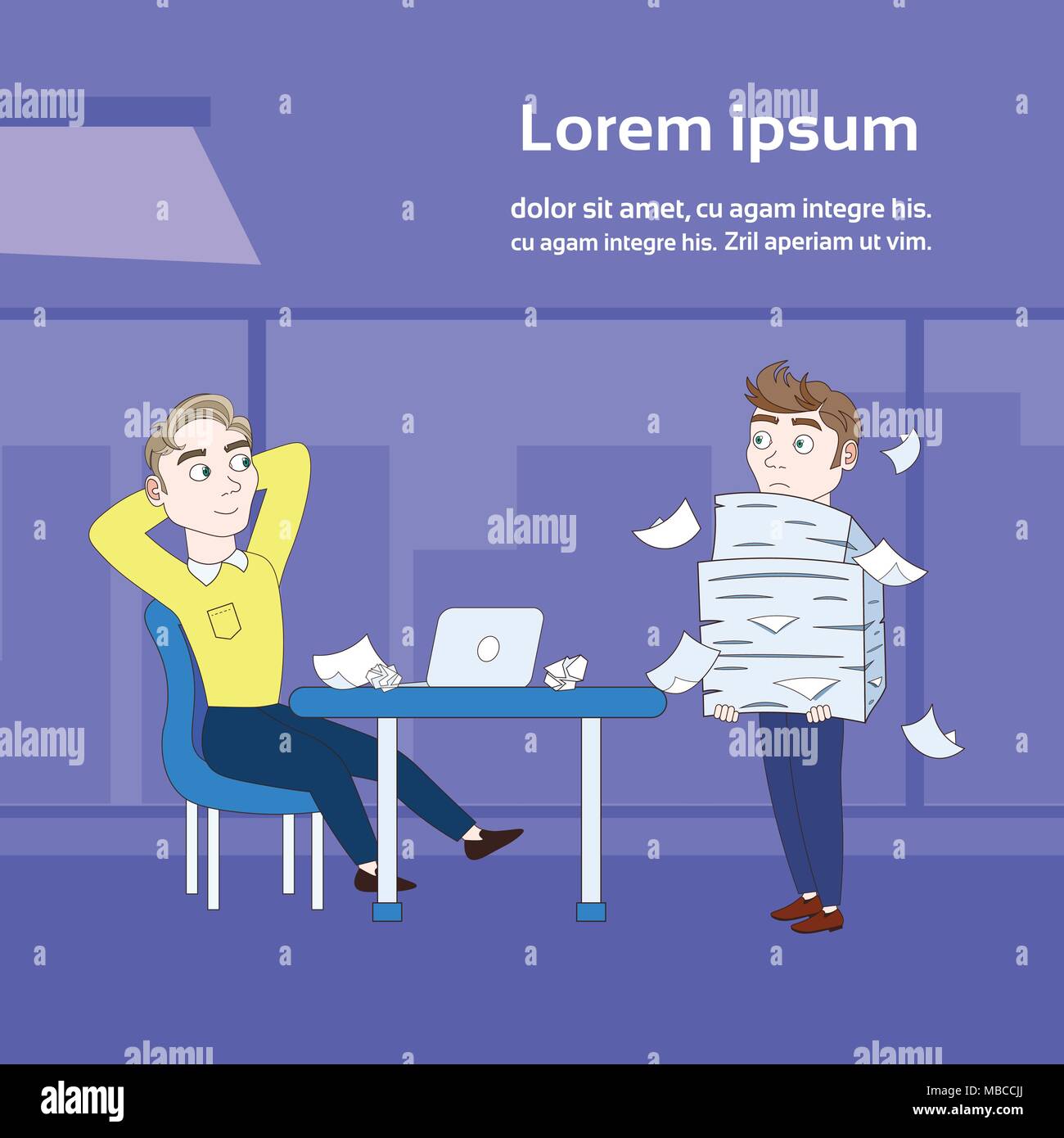 Frustrated Business Man Carry Stack Of Paper Documents To Boss Sitting ...