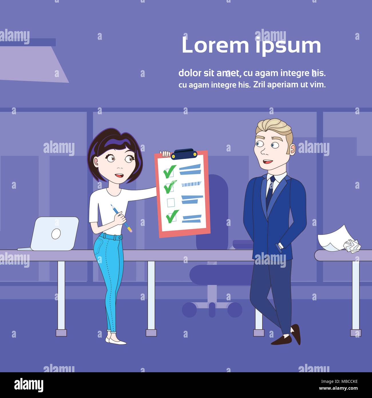 Successful Business Woman Showing Businessman Boss Done Checklist Over ...