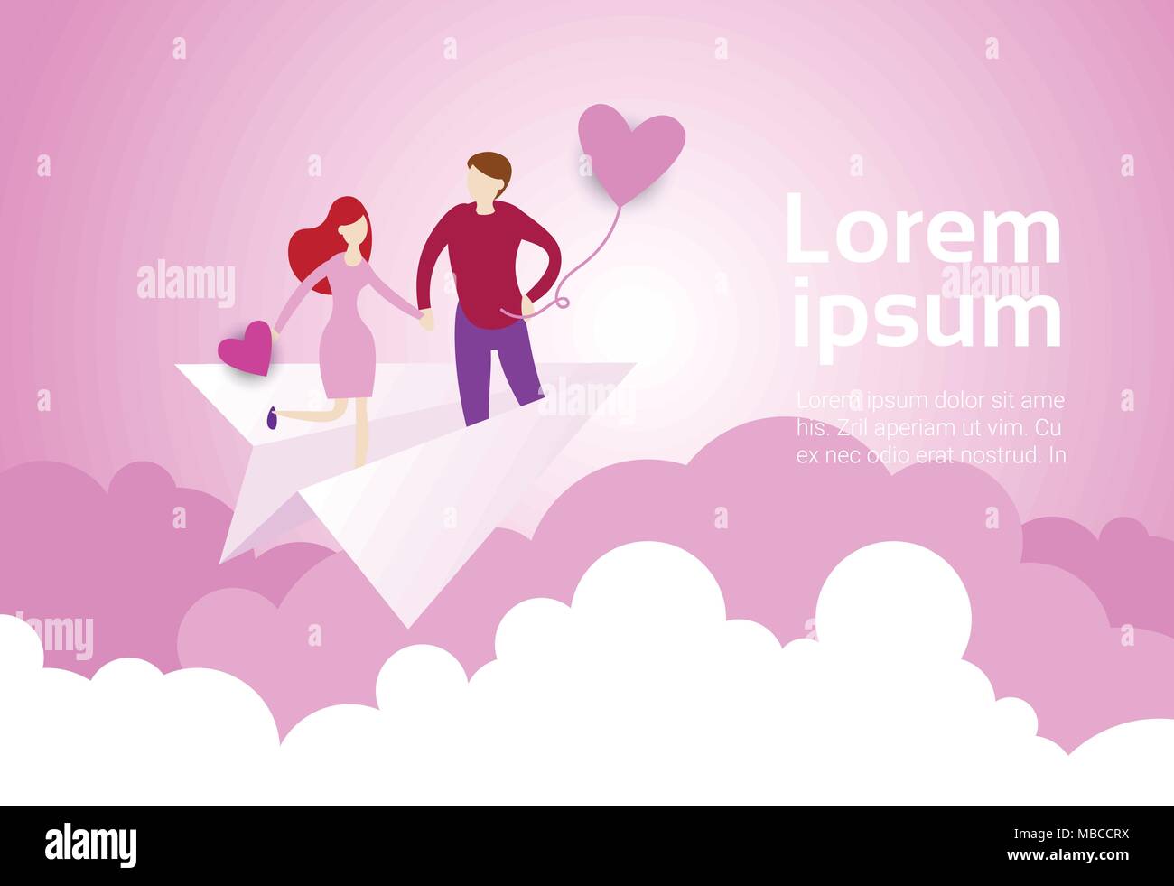 Couple Holding Hands Fly On Paper Plane Over Pink Clouds Background ...