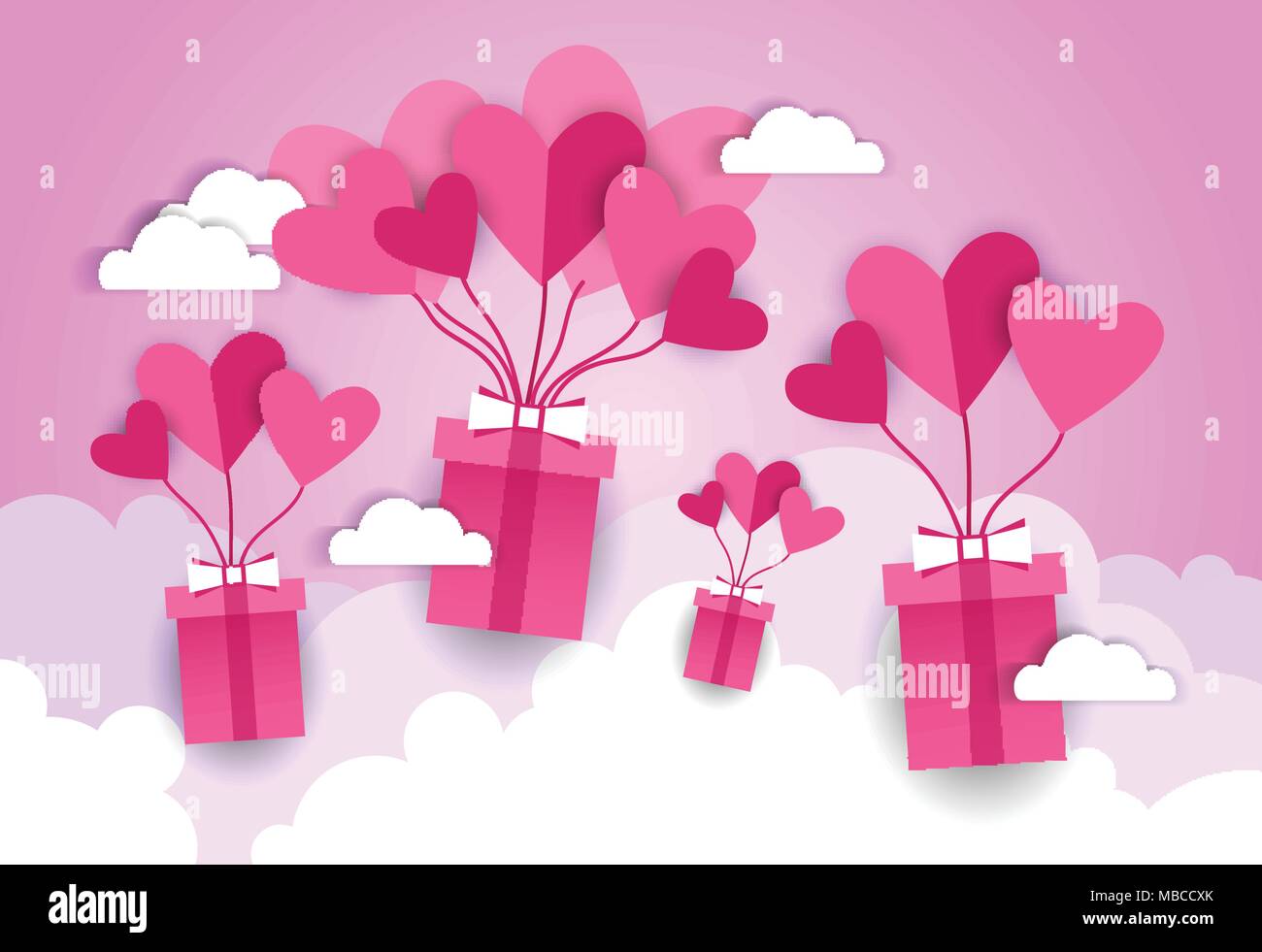 Heart Shape Balloons With Present Box Fly In Sky Over Pink Clouds ...