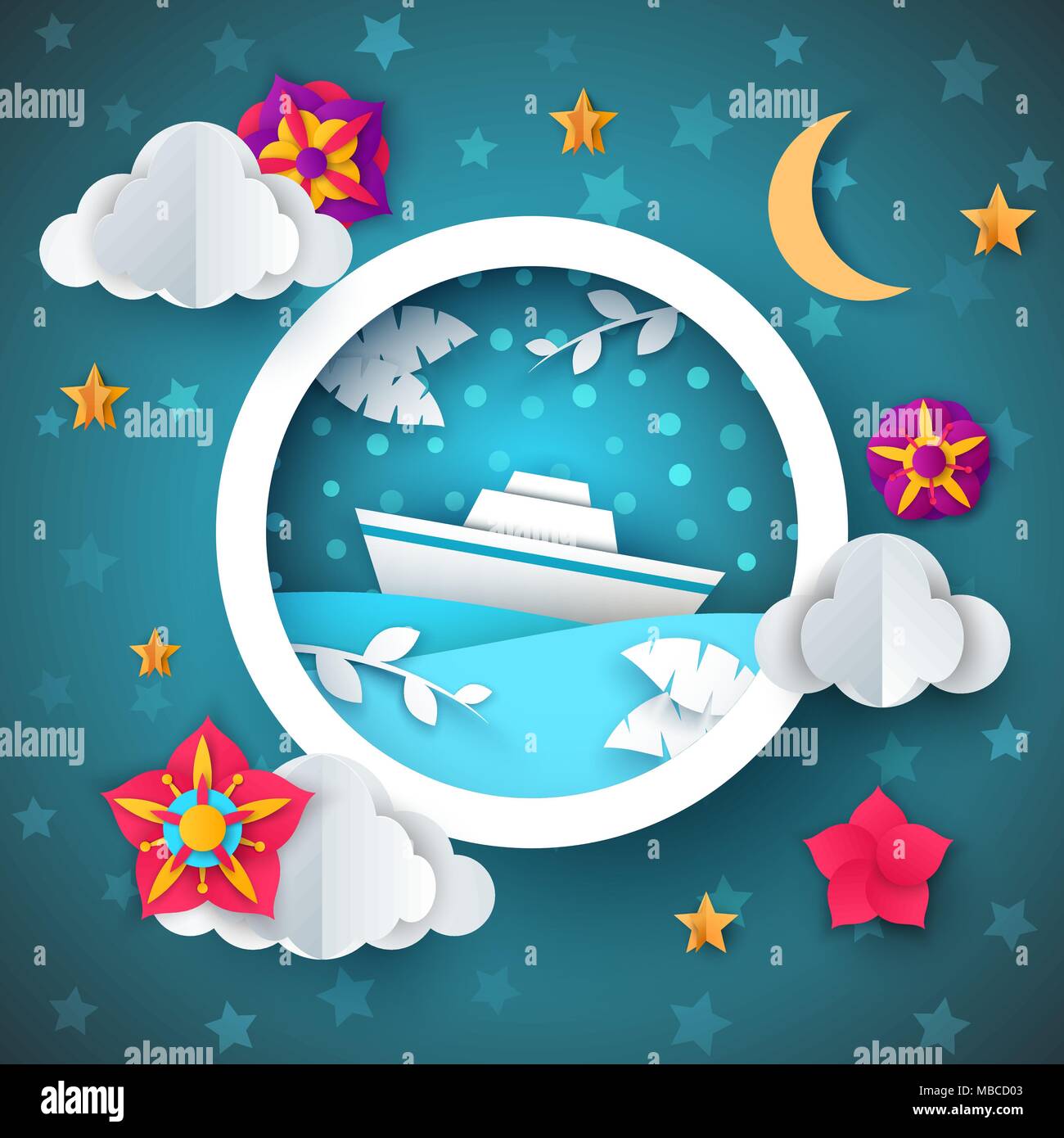 Ship illustration. Leaf, boat, flower, moon, cloud, star landscape ...