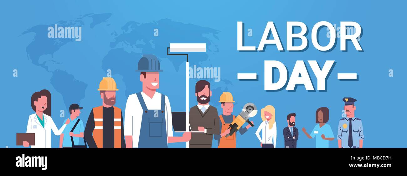 Labor Day Poster With People Of Different Occupations Over World Map ...