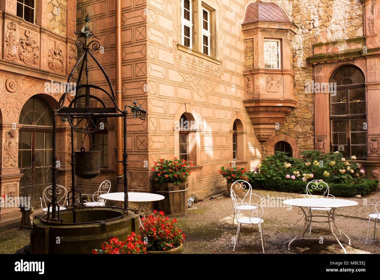 The interior courtyard garden (the Black Courtyard) at Ksiaz Castle in ...