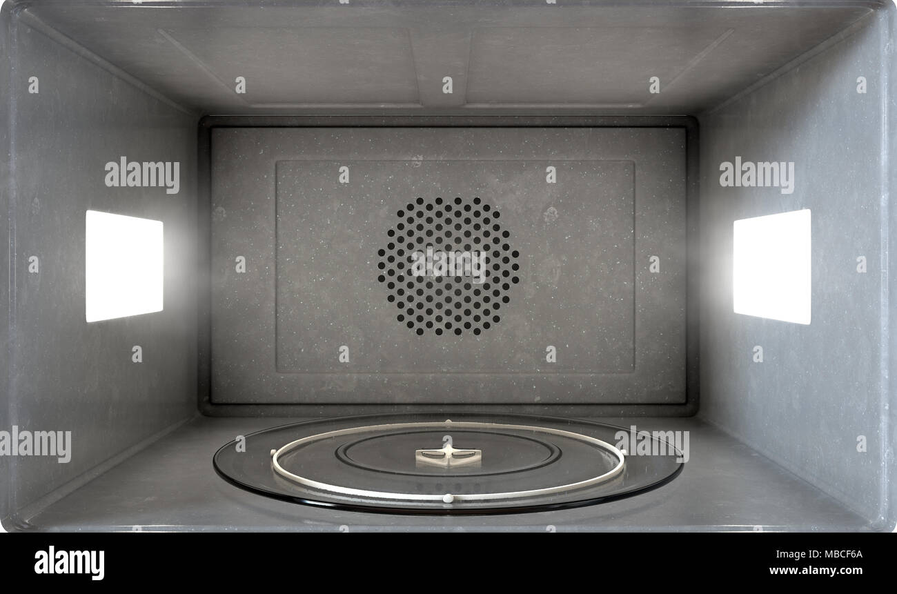 A close view inside an operational household microwave - 3D render ...