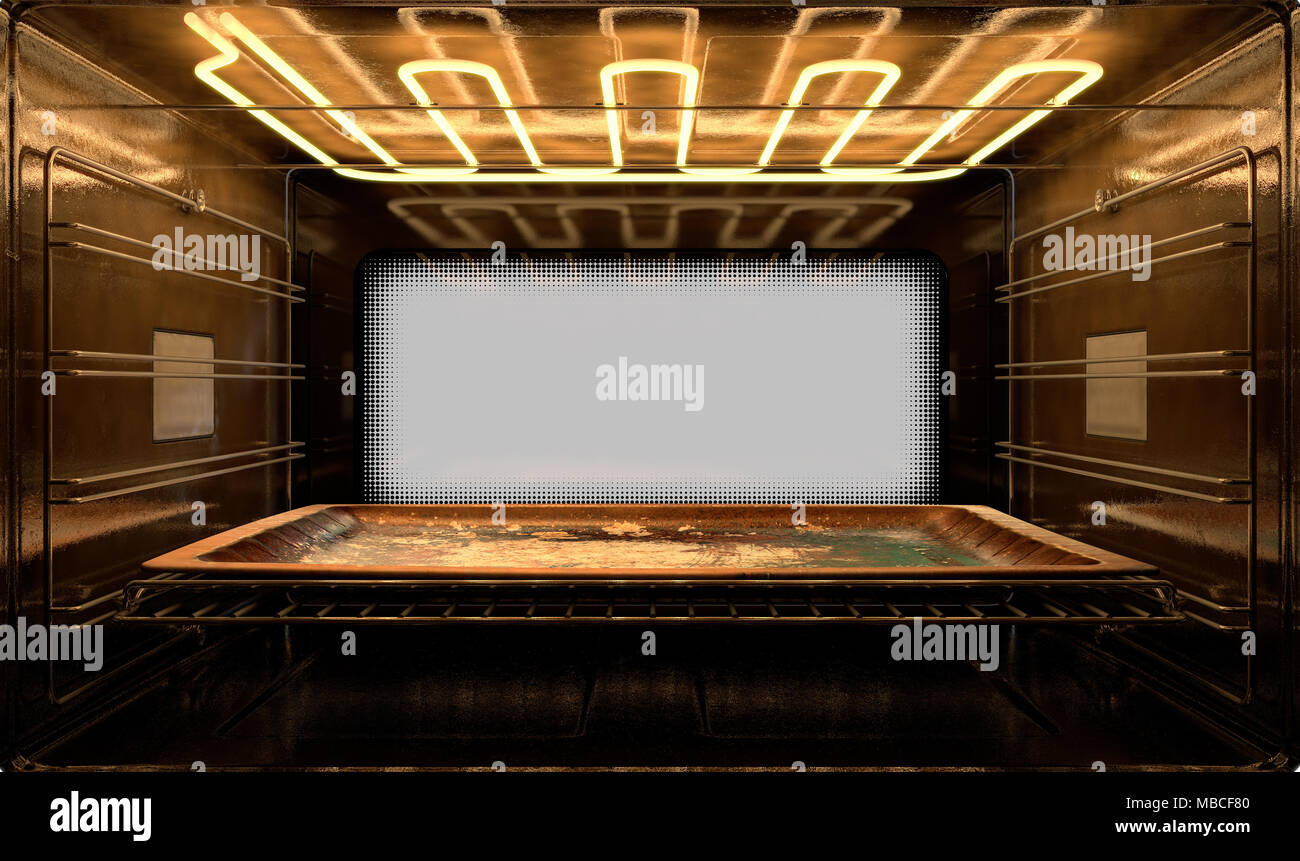 A view from inside a hot operational household oven towards a closed ...