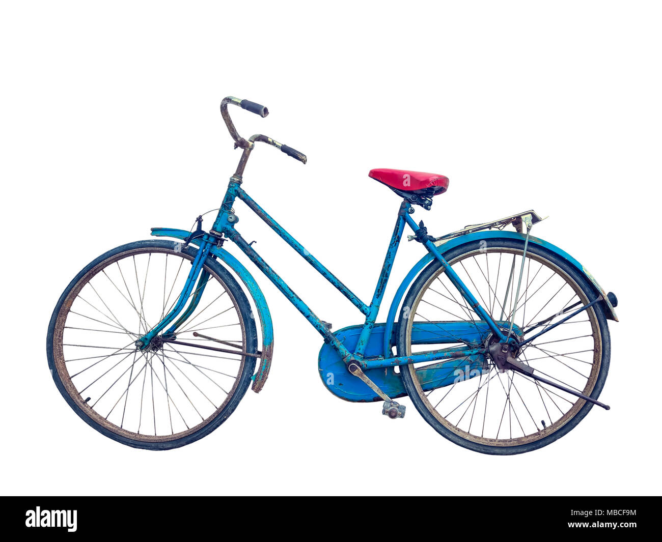 Close up old rustic blue bicycle isolated on white background Stock ...