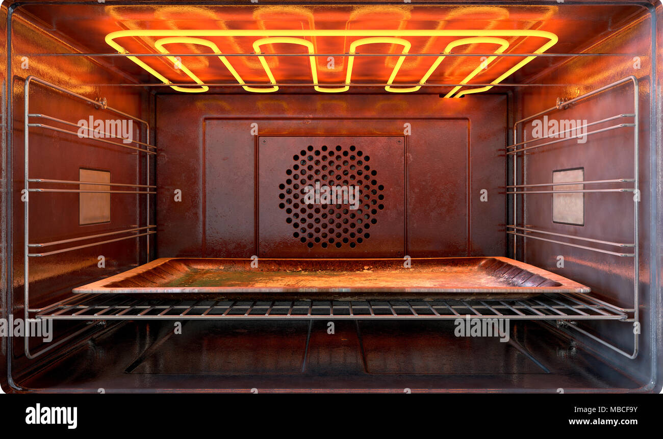 A close view inside a hot operational household oven with an empty ...