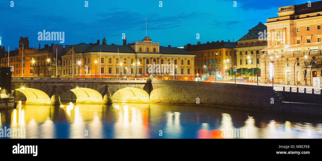 Stockholm, Sweden. The Evening Illuminated View Of Norrbro, The Old ...