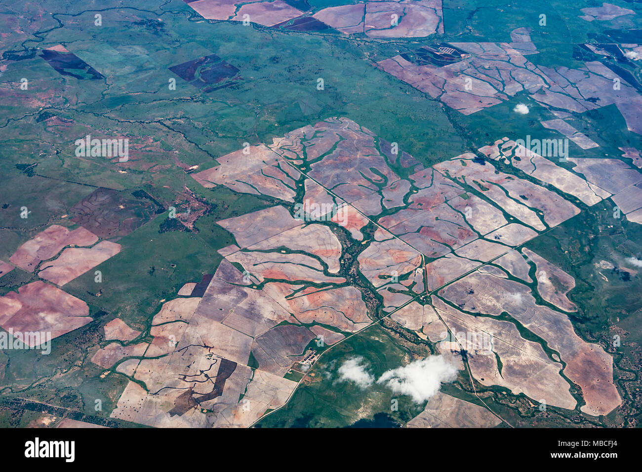 Aerial view of cultivated fields along the East coast of Australia ...