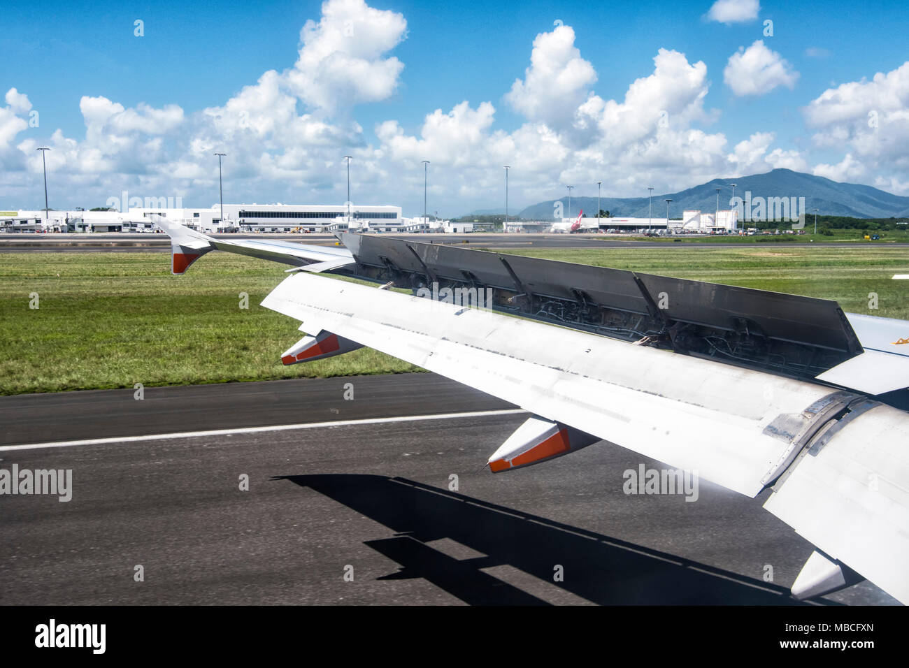Plane landing and breaking with the flap up, Sydney airport, Australia ...