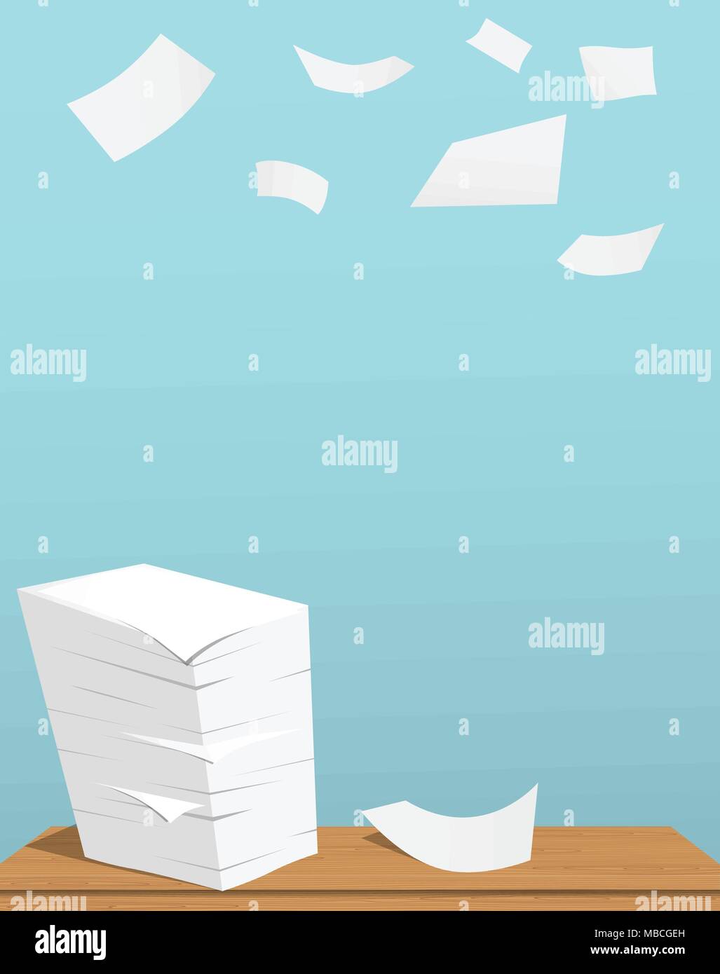 Stack of white sheets on brown table and flying paper in blue ...