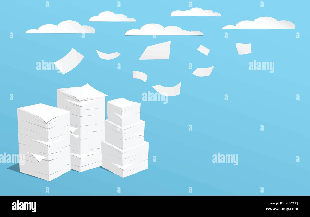 Stack of white sheets and flying paper in blue background with clouds ...