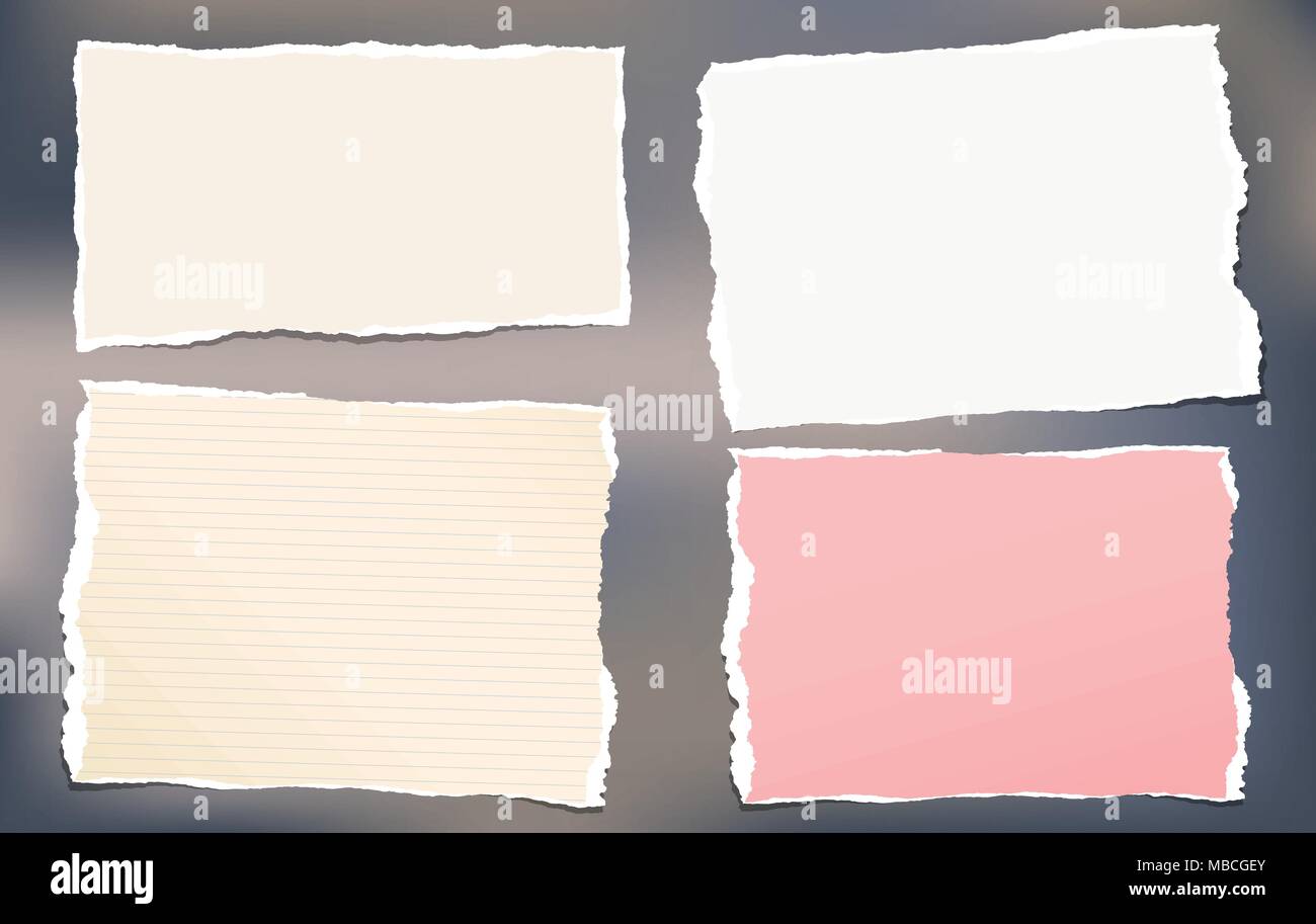 Torn colorful note, notebook paper pieces for text stuck on brown ...