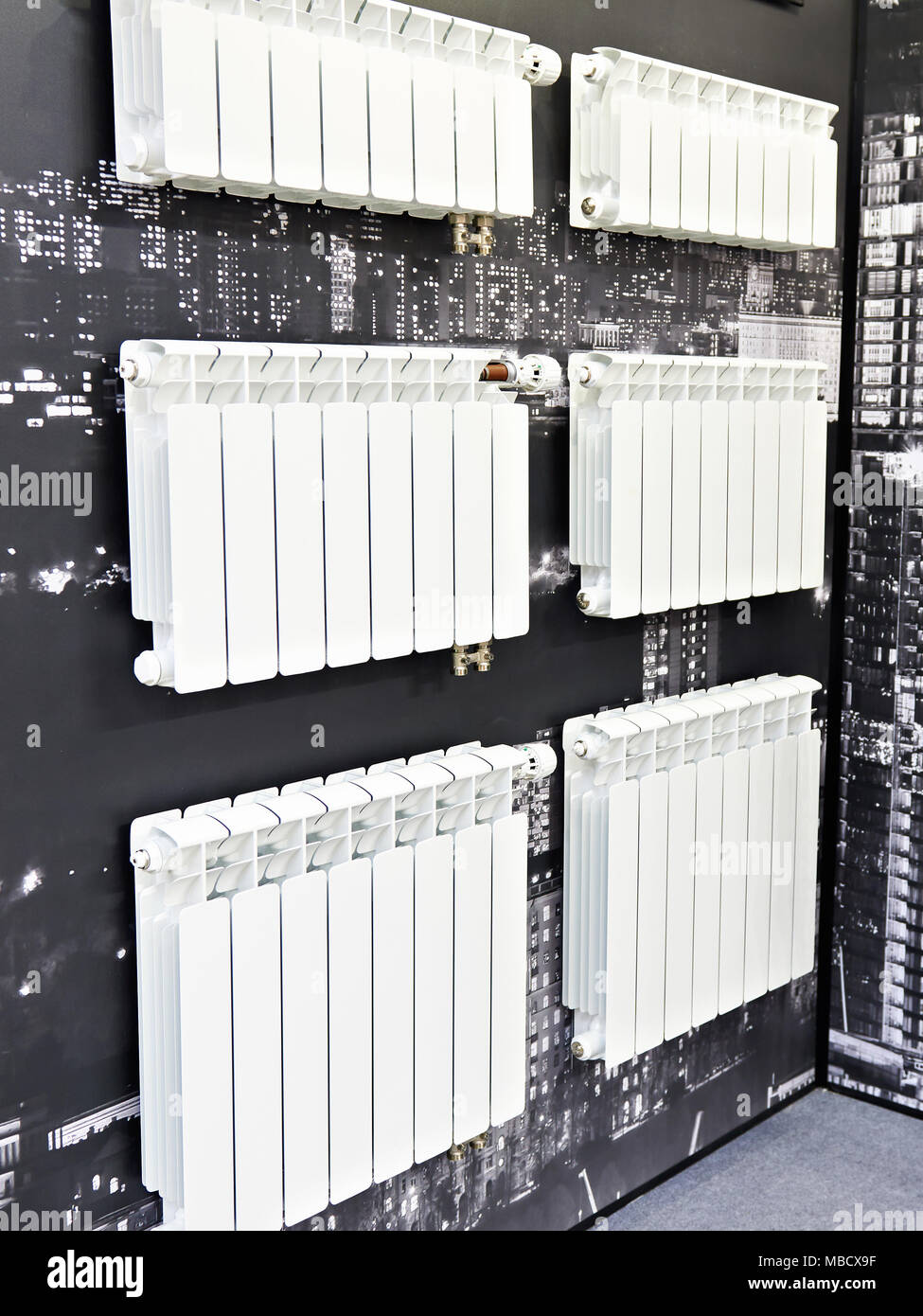 Radiators of water heating at the exhibition of equipment Stock Photo ...