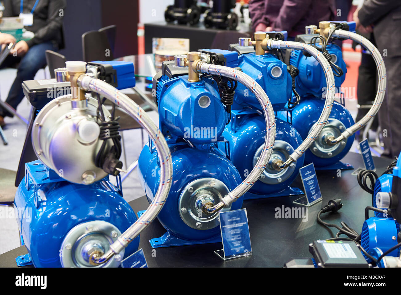 Surface pumps for water supply on the counter of household goods store ...
