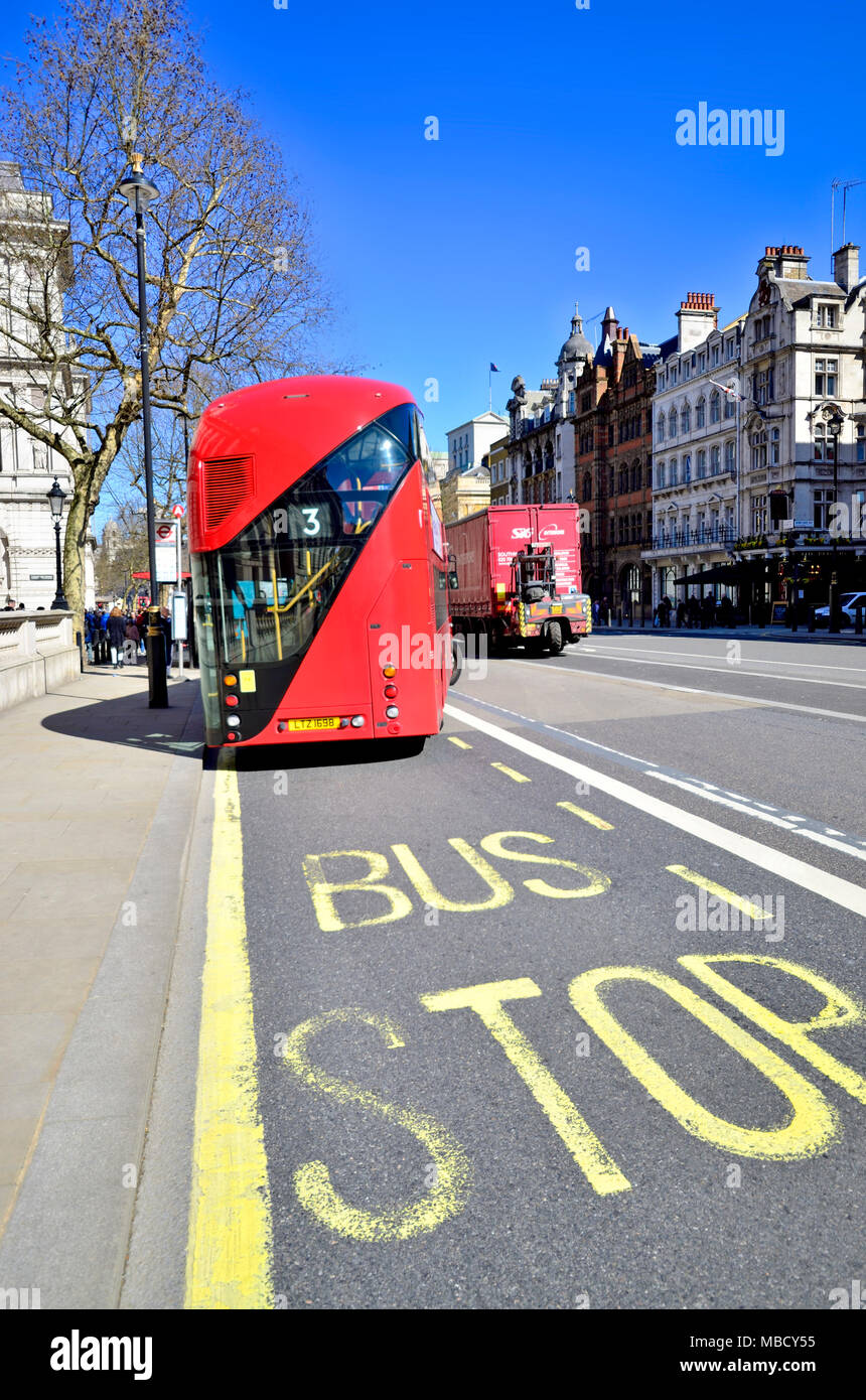 London, England, UK. Bus stop in Whitehall - New Routemaster bus ...