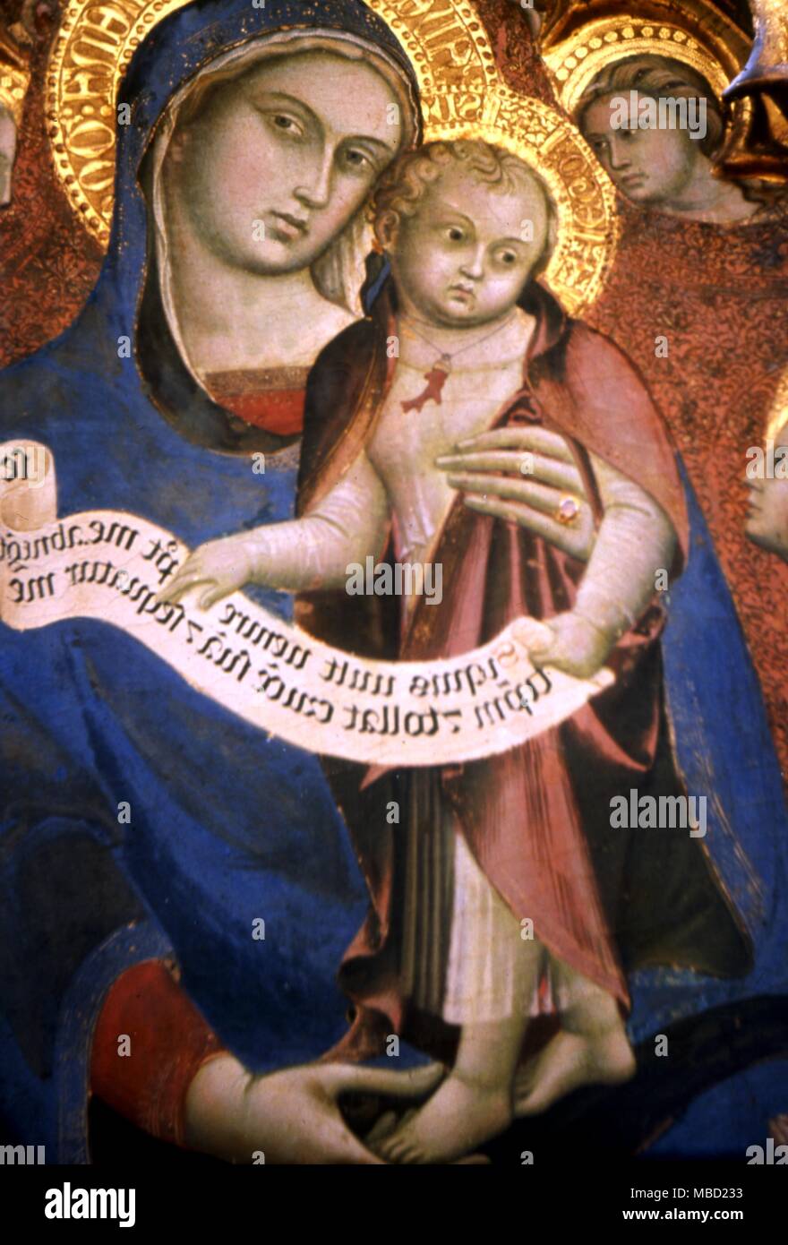 Painting, Mother and Child. Mary is holding the foot of the child, in ...