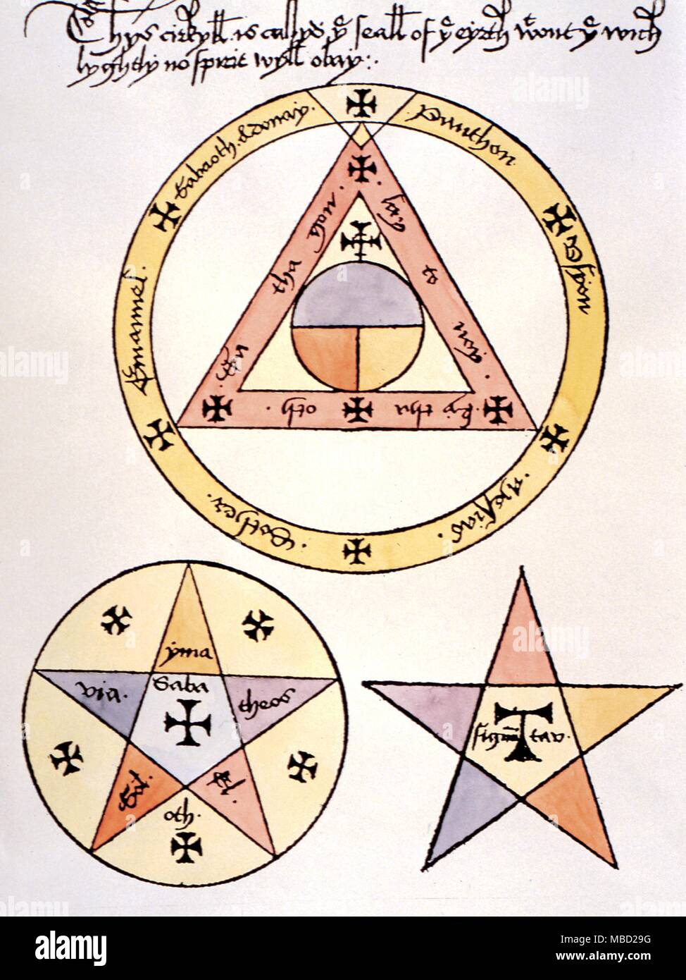 Magic Symbols. Two pentagrams (one encircled) and the animalia circle ...