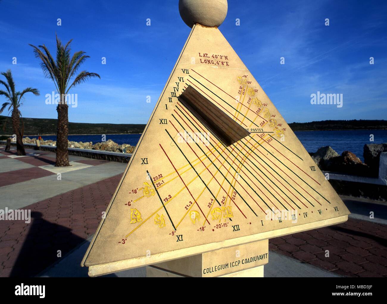 The three-faced sundial with zodiacal sigils by the harbour of Fornells ...