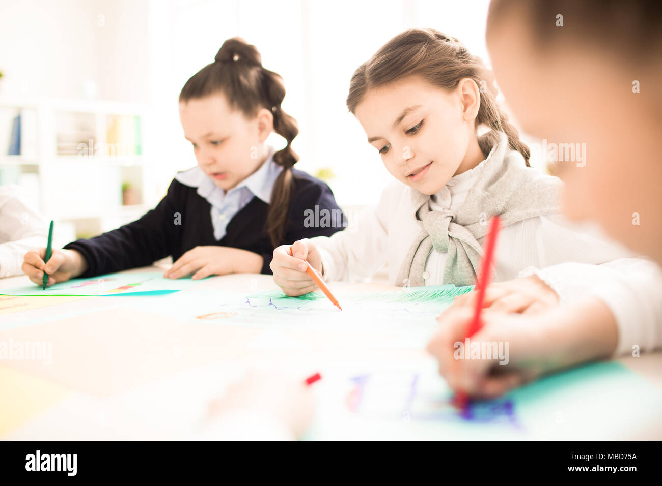 Small students painting in art school class. Child drawing by ...