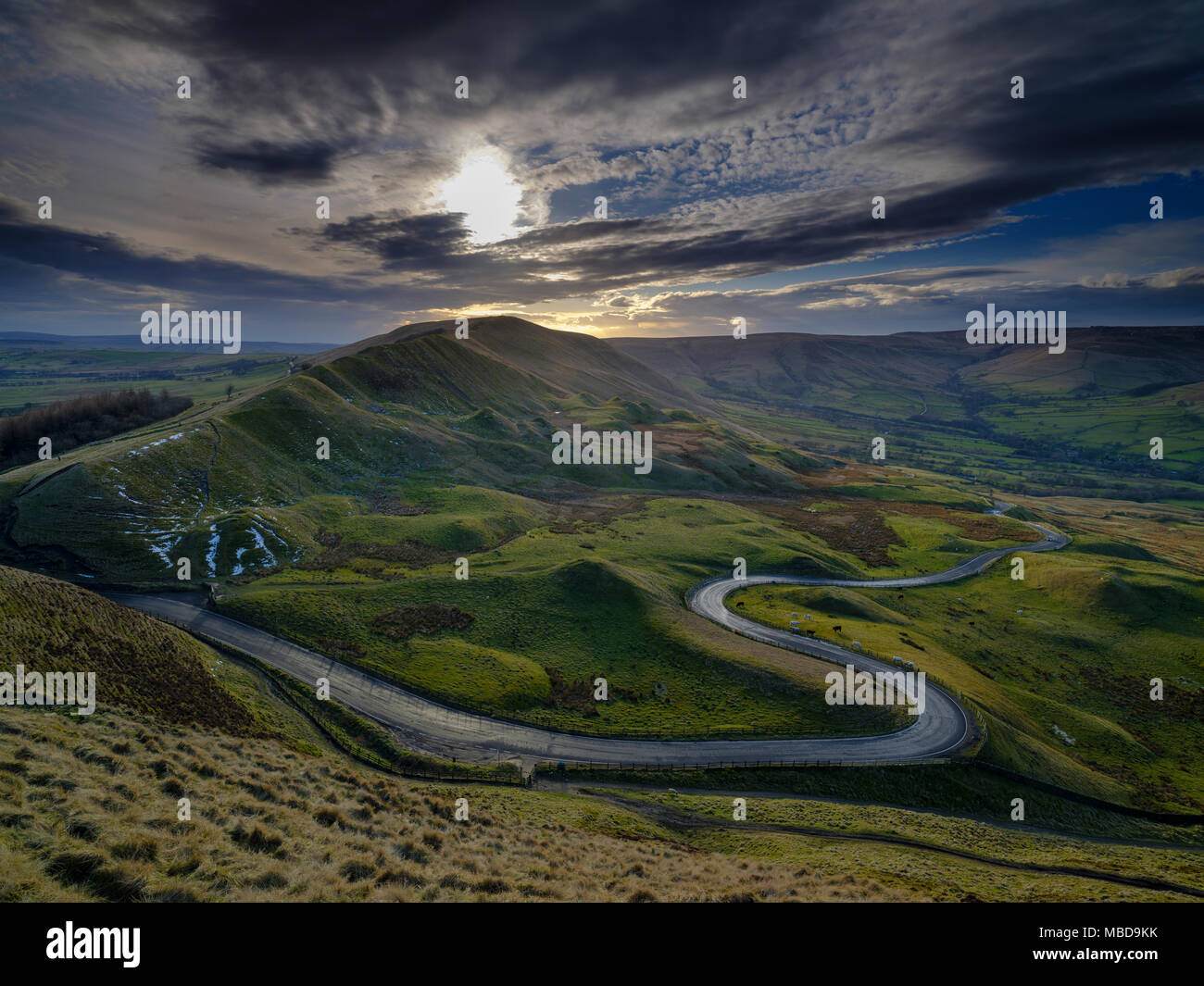 Spring Evening Sunset on Mam Tor looking towards Rushup Edge and Kinder ...