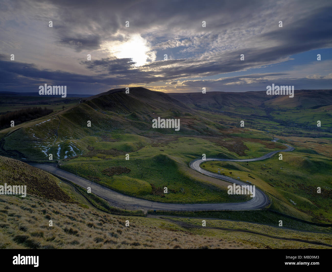 Spring Evening Sunset on Mam Tor looking towards Rushup Edge and Kinder ...