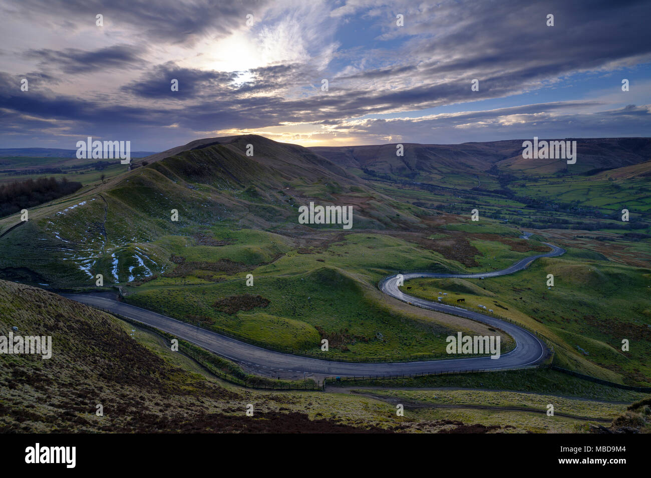 Spring Evening Sunset on Mam Tor looking towards Rushup Edge and Kinder ...