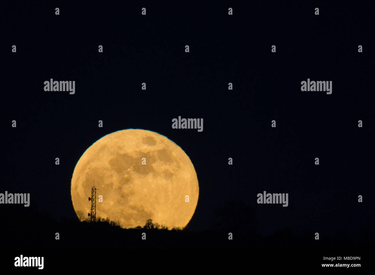 A transmission tower dwarfs a giant Super Moon rising over fields near ...